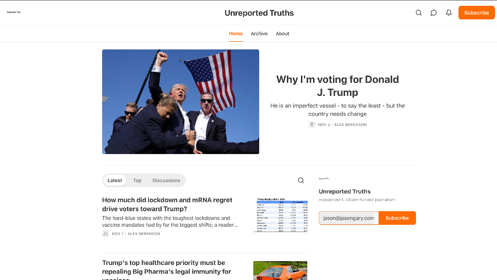 Unreported Truth by Alex Berenson Substack | BiteSizedBriefs